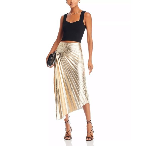 A.L.C. | Skirts | Alc Tori Metallic Vegan Leather Pleated Midi Skirt In Pale Gold | Poshmark